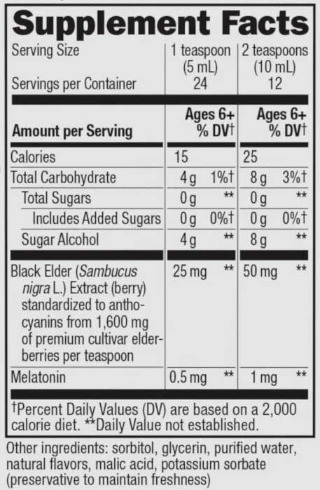 Nature's Way Sambucus Elderberry Night Time Syrup for Kids Ingredients