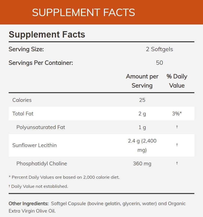 NOW Sunflower Lecithin 1200 mg Ingredients